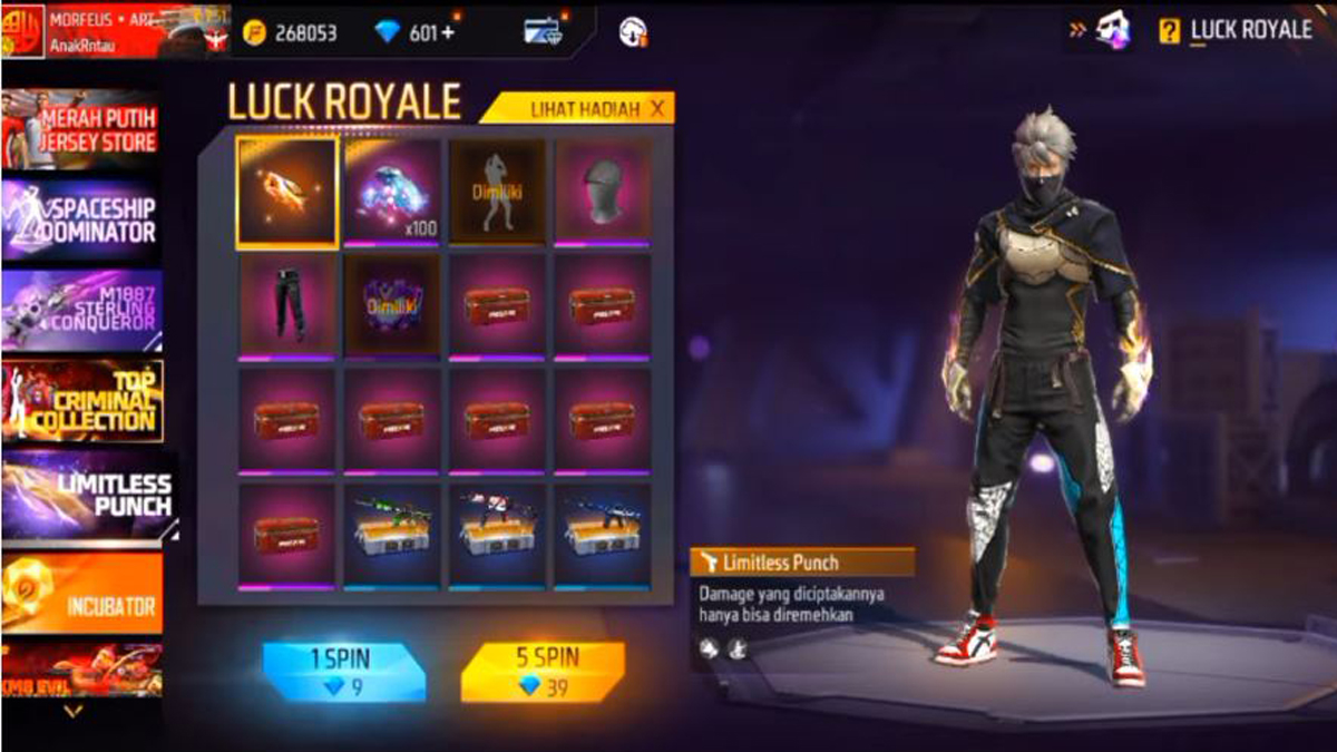Cara Mendapatkan Fist Skin Limitles Punch FF di Luck Royale FF ...