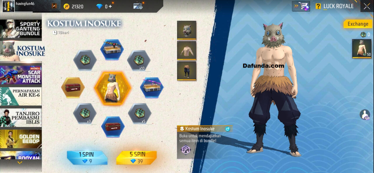 Cara Mendapatkan Bundle FF Kostum Inosuke - Dafunda.com